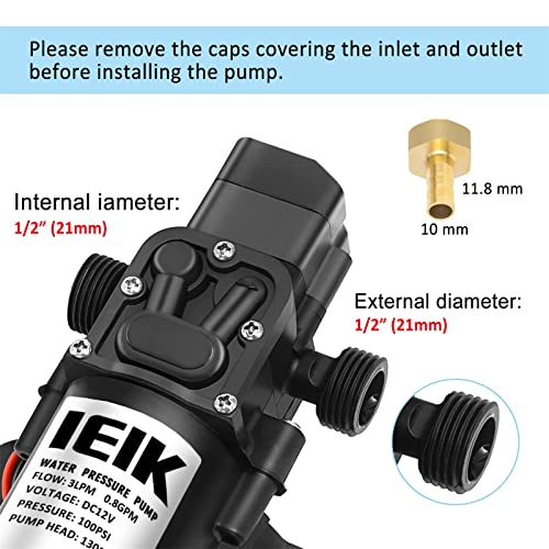 IEIK Water Pressure Diaphragm Pump DC 12V 30W Water Pressure Sprayer Pump 3LPM 0.8 GPM 100PSI 130ft Self Priming Pump for Caravan RV Boat Marine Agricultural Spraying Port