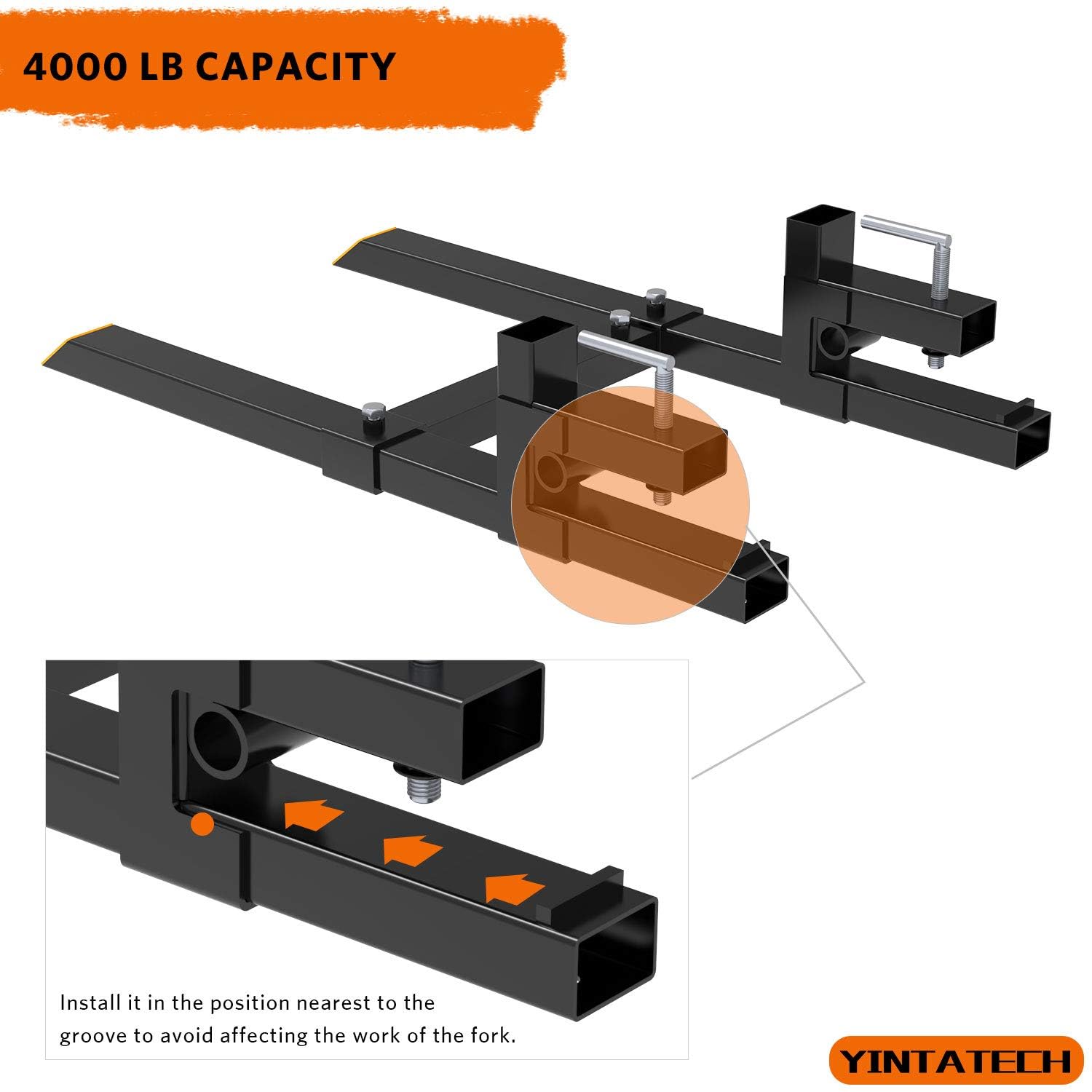 YINTATECH 60" 4000lbs Clamp on Pallet Forks Heavy Duty Tractor Forks with Adjustable Stabilizer Bar Tractor Bucket Forks for Tractor Attachments, Skid Steer, Loader Bucket