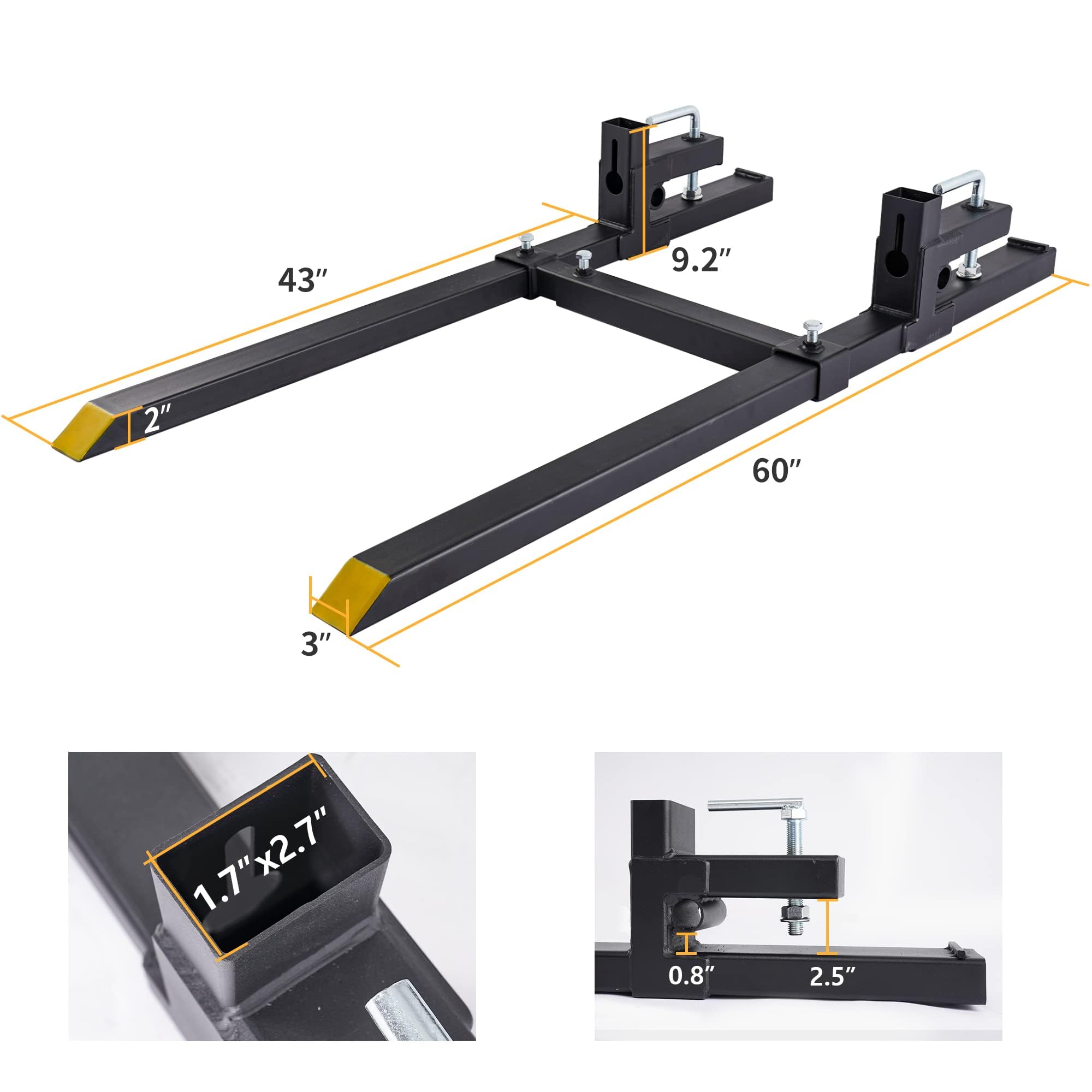 YINTATECH 60" 4000lbs Clamp on Pallet Forks Heavy Duty Tractor Forks with Adjustable Stabilizer Bar Tractor Bucket Forks for Tractor Attachments, Skid Steer, Loader Bucket