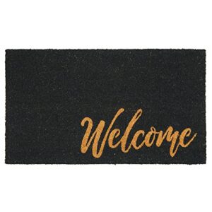 mDesign Non-Slip Rectangular Coir and Rubber Entryway Welcome Doormat with Natural Fibers for Indoor or Outdoor Use - Decorative Script Design - Black/Natural/Beige