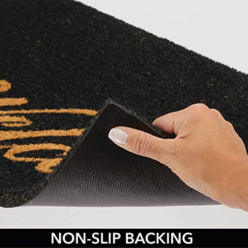 mDesign Non-Slip Rectangular Coir and Rubber Entryway Welcome Doormat with Natural Fibers for Indoor or Outdoor Use - Decorative Script Design - Black/Natural/Beige