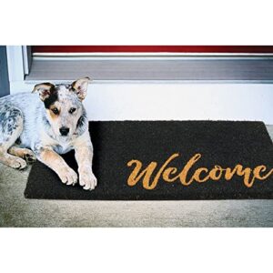 mDesign Non-Slip Rectangular Coir and Rubber Entryway Welcome Doormat with Natural Fibers for Indoor or Outdoor Use - Decorative Script Design - Black/Natural/Beige