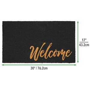 mDesign Non-Slip Rectangular Coir and Rubber Entryway Welcome Doormat with Natural Fibers for Indoor or Outdoor Use - Decorative Script Design - Black/Natural/Beige