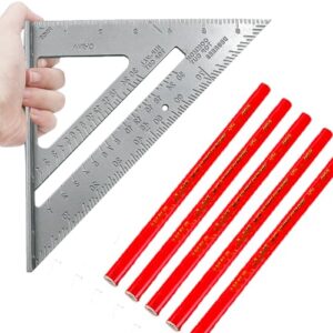 carpenter square, 7-inch aluminum square+ 5pcs woodworking pen rafter carpenter triangle square pressional easy-read layout tool framing square (aluminum)