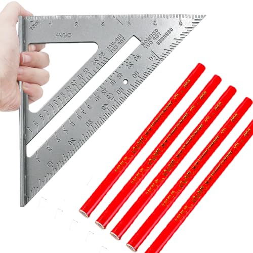 Carpenter Square, 7-inch Aluminum Square+ 5Pcs Woodworking Pen Rafter Carpenter Triangle Square Pressional Easy-Read Layout Tool framing Square (Aluminum)