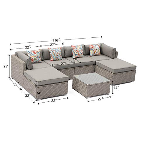 COSIEST 7-Piece Outdoor Furniture Warm Gray Wicker Family Sectional Sofa w Thick Cushions, Glass Top Coffee Table, 2 Ottomans, 4 Floral Fantasy Pillows for Garden, Pool, Backyard