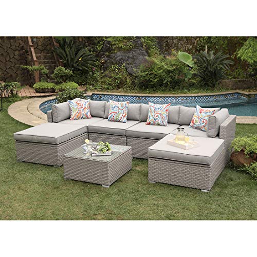 COSIEST 7-Piece Outdoor Furniture Warm Gray Wicker Family Sectional Sofa w Thick Cushions, Glass Top Coffee Table, 2 Ottomans, 4 Floral Fantasy Pillows for Garden, Pool, Backyard