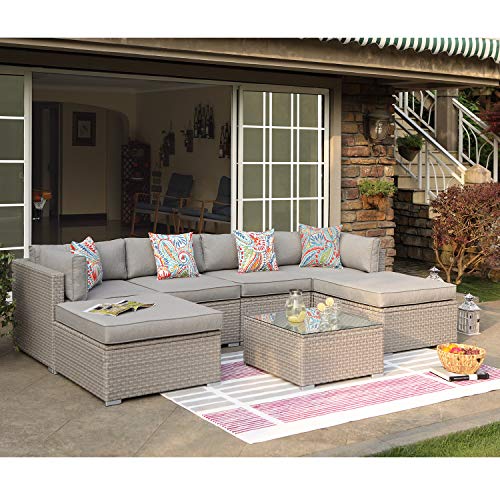 COSIEST 7-Piece Outdoor Furniture Warm Gray Wicker Family Sectional Sofa w Thick Cushions, Glass Top Coffee Table, 2 Ottomans, 4 Floral Fantasy Pillows for Garden, Pool, Backyard