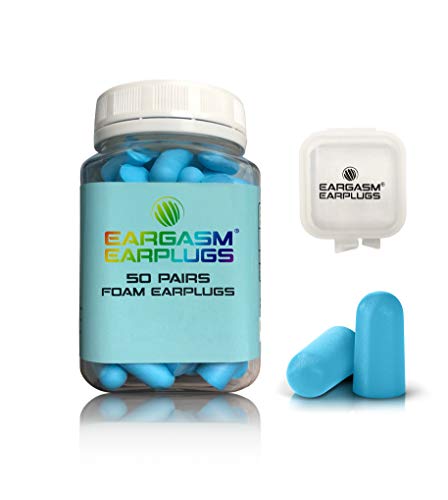 Eargasm Foam Earplugs, 50 Pairs, 32 dB NRR, Super Soft, Great for Sleeping, Studying, Snoring, Comes with Bonus Carrying Case