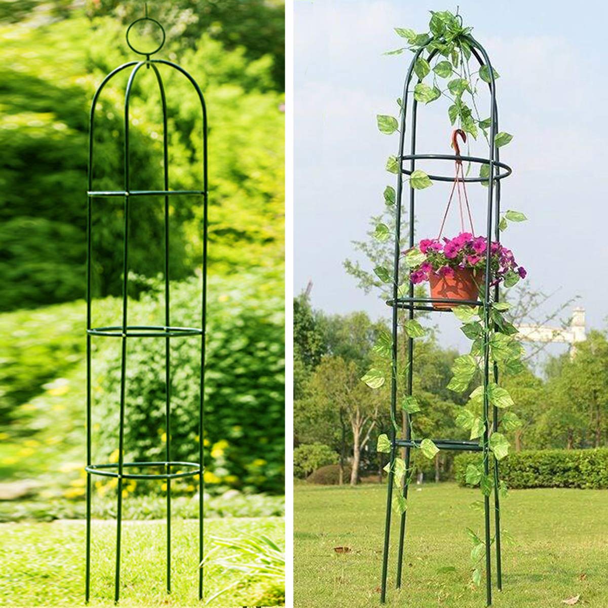 Tower Obelisk Garden Trellis 100% Metal 6.3 Feet Tall Plant Support for Climbing Vines and Flowers Stands,Black Green Lightweight Plant Tower