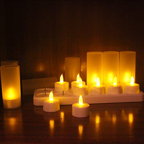 Esup Rechargeable Candles Flameless Flickering Candles Tealights 12pcs/Set with White Base, Decoration Parties, Weddings, Bar, Family, Dinner Outdoor Picnic (No Remote Control)