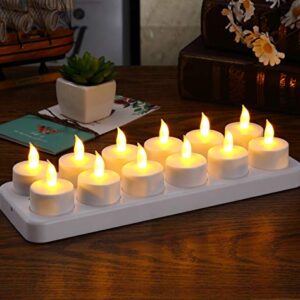 Esup Rechargeable Candles Flameless Flickering Candles Tealights 12pcs/Set with White Base, Decoration Parties, Weddings, Bar, Family, Dinner Outdoor Picnic (No Remote Control)