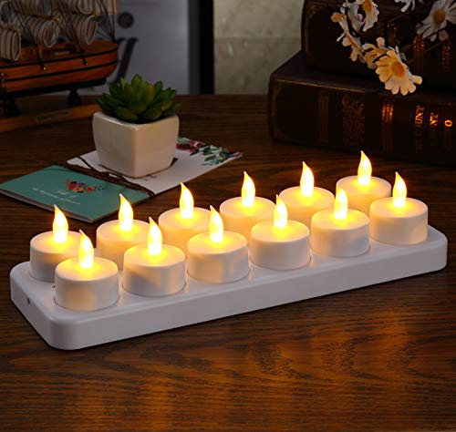 Esup Rechargeable Candles Flameless Flickering Candles Tealights 12pcs/Set with White Base, Decoration Parties, Weddings, Bar, Family, Dinner Outdoor Picnic (No Remote Control)