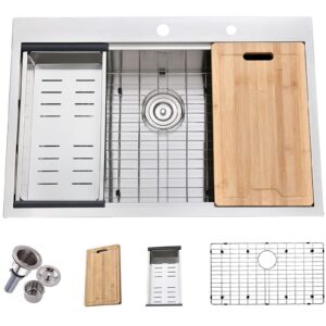 friho 33"x 22" inch drop in stainless steel kitchen sink,brushed nickel kitchen sinks,single bowl basin handmade topmount kitchen sink with dish grid,dish drainer,cutting board and basket strainer