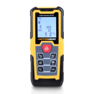 motorhead 196ft/60m laser measure, laser distance measure w/digital level & angle sensor, m/in/ft, 50 data set storage, 3 measurement points, backlit lcd, pythagorean, area & volume functions