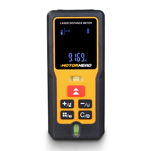 MOTORHEAD 196Ft/60M Laser Measure, Laser Distance Measure w/ 2 Bubble Levels, M/in/Ft, 20 Data Set Storage, Mute, 2 Measurement Points, Backlit LCD, Pythagorean, Area & Volume Functions