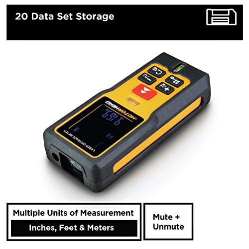 MOTORHEAD 196Ft/60M Laser Measure, Laser Distance Measure w/ 2 Bubble Levels, M/in/Ft, 20 Data Set Storage, Mute, 2 Measurement Points, Backlit LCD, Pythagorean, Area & Volume Functions