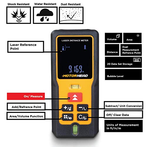 MOTORHEAD 196Ft/60M Laser Measure, Laser Distance Measure w/ 2 Bubble Levels, M/in/Ft, 20 Data Set Storage, Mute, 2 Measurement Points, Backlit LCD, Pythagorean, Area & Volume Functions