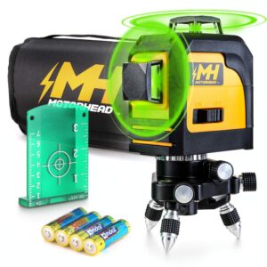 motorhead 165-ft self-leveling 360-degree green cross-line laser level, switchable horizontal & vertical beams, ip 54, pulse mode w/leveling mini-tripod, batteries, magnetic target & storage bag