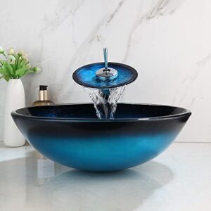 MEKKHALA Bathroom Tempered Glass Vessel Sink Black & Blue Round Wash Basin Bowl Waterfall Mixer Chrome Brass Faucets Pop-up Drain Combo With Cold & Hot Water Hoses