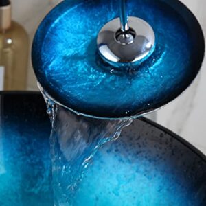 MEKKHALA Bathroom Tempered Glass Vessel Sink Black & Blue Round Wash Basin Bowl Waterfall Mixer Chrome Brass Faucets Pop-up Drain Combo With Cold & Hot Water Hoses