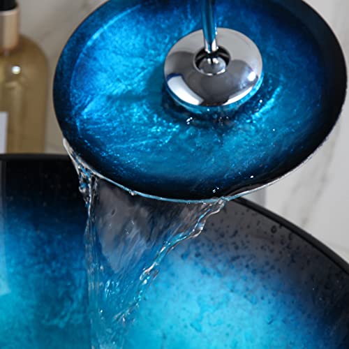 MEKKHALA Bathroom Tempered Glass Vessel Sink Black & Blue Round Wash Basin Bowl Waterfall Mixer Chrome Brass Faucets Pop-up Drain Combo With Cold & Hot Water Hoses