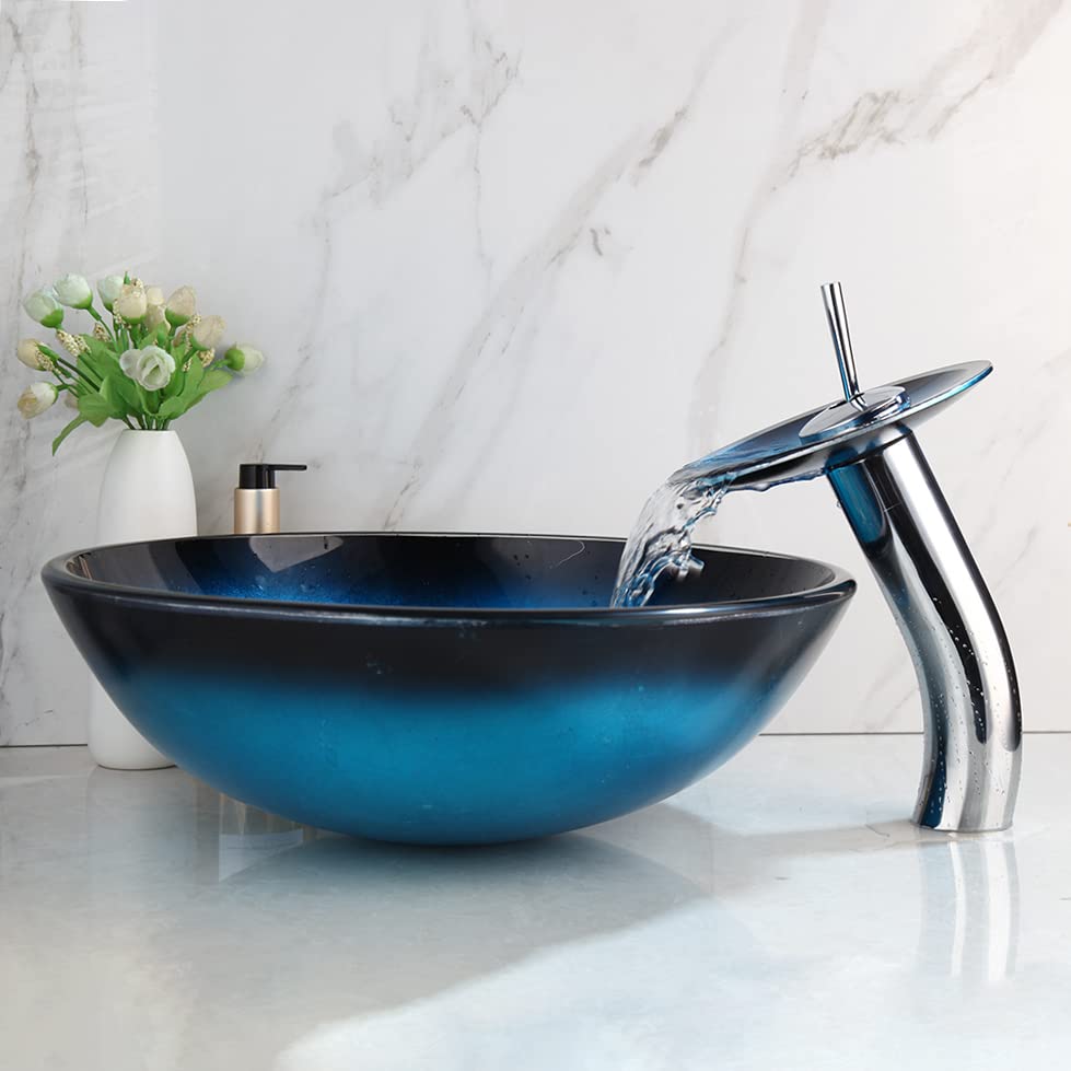 MEKKHALA Bathroom Tempered Glass Vessel Sink Black & Blue Round Wash Basin Bowl Waterfall Mixer Chrome Brass Faucets Pop-up Drain Combo With Cold & Hot Water Hoses