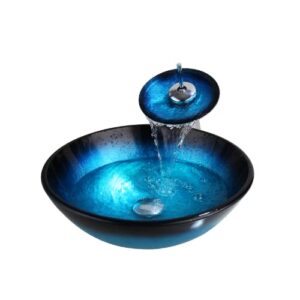 MEKKHALA Bathroom Tempered Glass Vessel Sink Black & Blue Round Wash Basin Bowl Waterfall Mixer Chrome Brass Faucets Pop-up Drain Combo With Cold & Hot Water Hoses