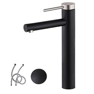 Modern Single Handle Matte Black Vessel Sink Faucet,One Hole Tall Bathroom Faucet Vanity Mixer Bowl Tap with Overflow Pop up Drain