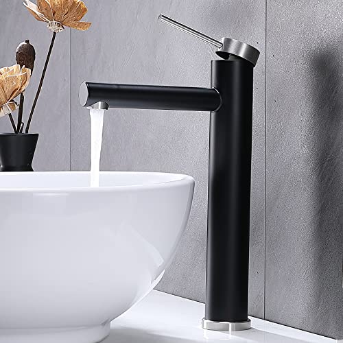 Modern Single Handle Matte Black Vessel Sink Faucet,One Hole Tall Bathroom Faucet Vanity Mixer Bowl Tap with Overflow Pop up Drain