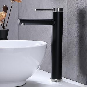 Modern Single Handle Matte Black Vessel Sink Faucet,One Hole Tall Bathroom Faucet Vanity Mixer Bowl Tap with Overflow Pop up Drain