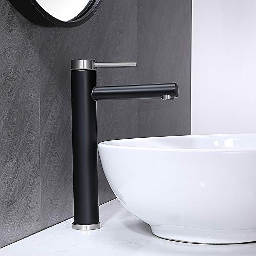 Modern Single Handle Matte Black Vessel Sink Faucet,One Hole Tall Bathroom Faucet Vanity Mixer Bowl Tap with Overflow Pop up Drain