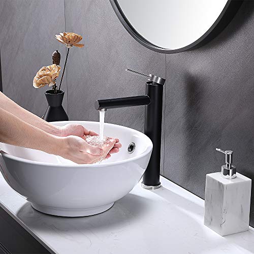 Modern Single Handle Matte Black Vessel Sink Faucet,One Hole Tall Bathroom Faucet Vanity Mixer Bowl Tap with Overflow Pop up Drain