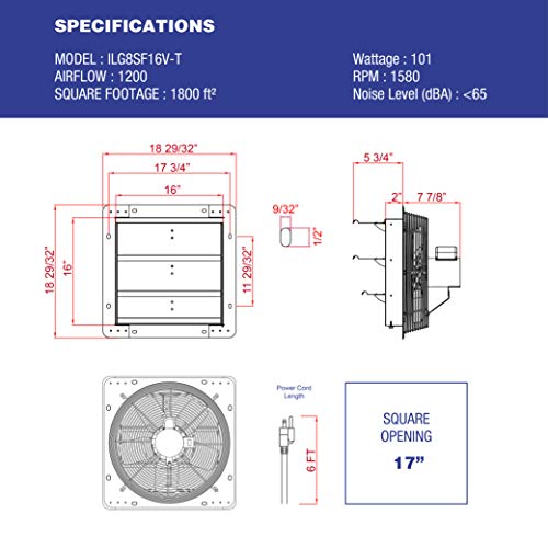 Iliving ILG8SF16V-T Wall-Mount Shutter Exhaust Fan, 16" - Variable Speed, Silver