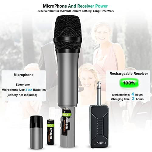 Bietrun Wireless Microphone Only for Mic Input, UHF Metal Dynamic Handheld Multipurpose Mic with Rechargeable Receiver (Work 4hs), 160ft Range, for Karaoke Machine, Amplifier Speaker, Mixer, Church