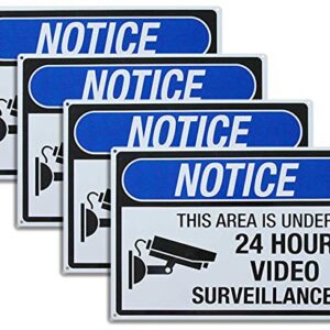 4-Pack Aluminum Security Notice Signs, 14x10 inches, UV Printed - This Area is Under 24 Hour Video Surveillance Signs - Durable Warning for Home, Office & Business Safety