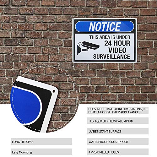 4-Pack Aluminum Security Notice Signs, 14x10 inches, UV Printed - This Area is Under 24 Hour Video Surveillance Signs - Durable Warning for Home, Office & Business Safety