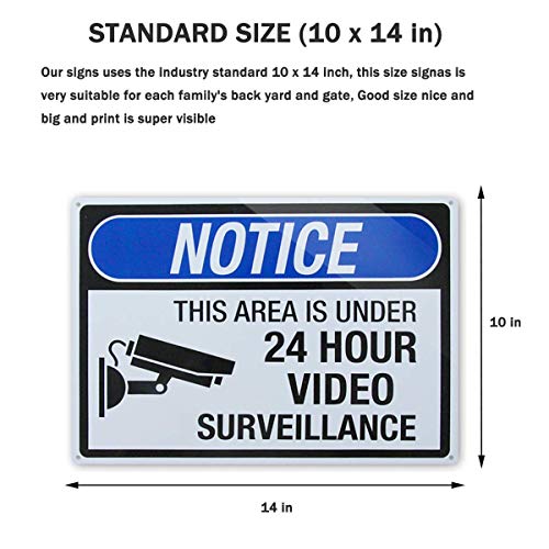 4-Pack Aluminum Security Notice Signs, 14x10 inches, UV Printed - This Area is Under 24 Hour Video Surveillance Signs - Durable Warning for Home, Office & Business Safety