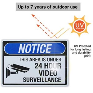 4-Pack Aluminum Security Notice Signs, 14x10 inches, UV Printed - This Area is Under 24 Hour Video Surveillance Signs - Durable Warning for Home, Office & Business Safety