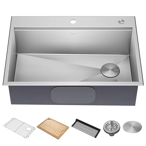 KRAUS KWT310-30 Kore Workstation 30-inch Drop-In 16 Gauge Single Bowl Stainless Steel Kitchen Sink with Integrated Ledge and Accessories (Pack of 5)