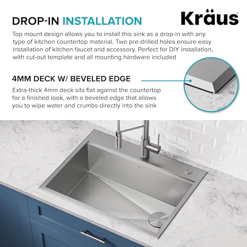 KRAUS KWT310-30 Kore Workstation 30-inch Drop-In 16 Gauge Single Bowl Stainless Steel Kitchen Sink with Integrated Ledge and Accessories (Pack of 5)