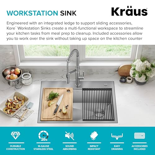 KRAUS KWT310-30 Kore Workstation 30-inch Drop-In 16 Gauge Single Bowl Stainless Steel Kitchen Sink with Integrated Ledge and Accessories (Pack of 5)