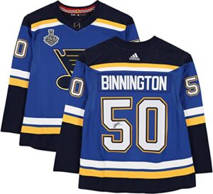 jordan binnington st. louis blues autographed blue adidas authentic jersey with 2019 stanley cup final patch - autographed nhl jerseys