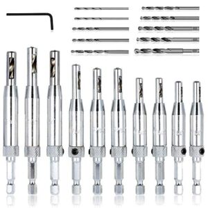 21 pcs center drill bit set, afunta self centering hinge tapper core hole puncher 5/64'' 7/64'' 9/64'' 11/64'' 13/64'' 5mm 1/4'' & 1 pcs hex key & 10 pcs replacement drill bits