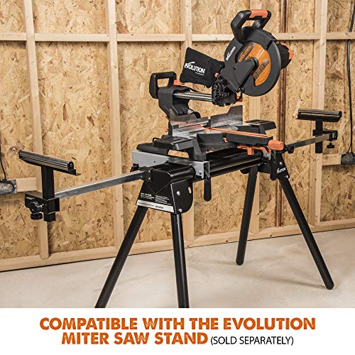 Evolution Power Tools R255SMS+ PLUS 10-Inch Sliding Miter Saw Plus Multi-Material Multi-Purpose Cutting Cuts Metal, Plastic, Wood & More 0˚ - 45˚ Bevel & 50˚ - 50˚ Miter Angles TCT Blade Included