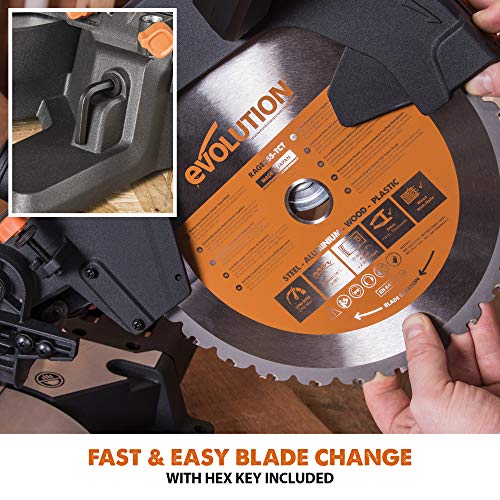 Evolution Power Tools R255SMS+ PLUS 10-Inch Sliding Miter Saw Plus Multi-Material Multi-Purpose Cutting Cuts Metal, Plastic, Wood & More 0˚ - 45˚ Bevel & 50˚ - 50˚ Miter Angles TCT Blade Included