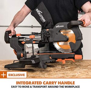 Evolution Power Tools R255SMS+ PLUS 10-Inch Sliding Miter Saw Plus Multi-Material Multi-Purpose Cutting Cuts Metal, Plastic, Wood & More 0˚ - 45˚ Bevel & 50˚ - 50˚ Miter Angles TCT Blade Included