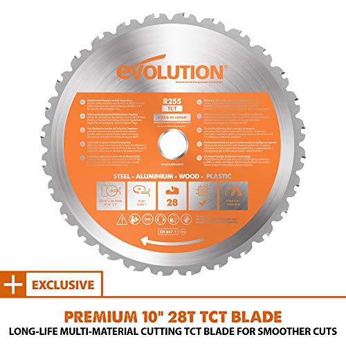 Evolution Power Tools R255SMS+ PLUS 10-Inch Sliding Miter Saw Plus Multi-Material Multi-Purpose Cutting Cuts Metal, Plastic, Wood & More 0˚ - 45˚ Bevel & 50˚ - 50˚ Miter Angles TCT Blade Included