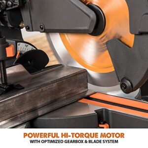 Evolution Power Tools R255SMS+ PLUS 10-Inch Sliding Miter Saw Plus Multi-Material Multi-Purpose Cutting Cuts Metal, Plastic, Wood & More 0˚ - 45˚ Bevel & 50˚ - 50˚ Miter Angles TCT Blade Included