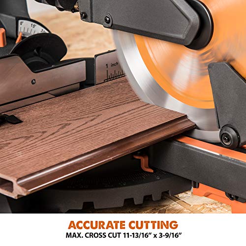 Evolution Power Tools R255SMS+ PLUS 10-Inch Sliding Miter Saw Plus Multi-Material Multi-Purpose Cutting Cuts Metal, Plastic, Wood & More 0˚ - 45˚ Bevel & 50˚ - 50˚ Miter Angles TCT Blade Included